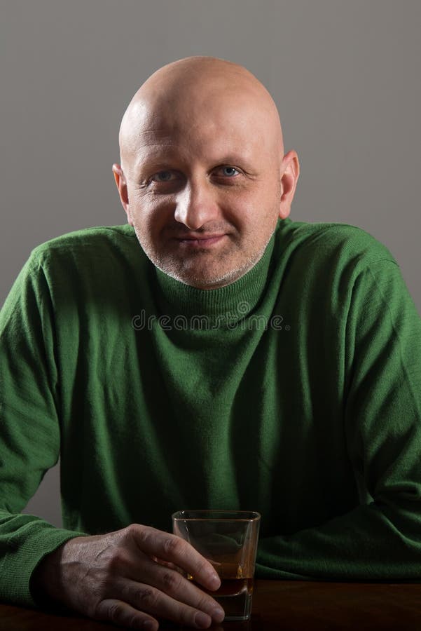 Bald Headed Man Drinking Whiskey Stock Photo - Image of crisis, lonely ...