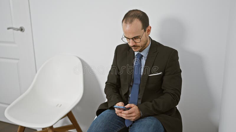 Bald Hispanic Man in a Suit Sitting Indoors Using a Smartphone Stock ...