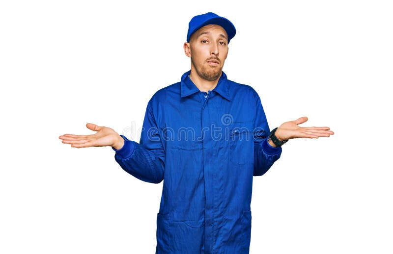 Clueless Builder Worker Shrugging Shoulder Over White Background ...