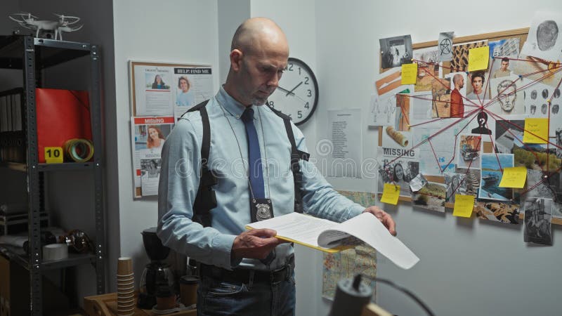 Bald Man Detective Analyzing Documents in a Cluttered Police Station ...