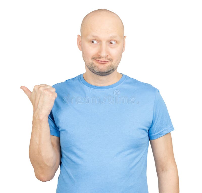 Bald Man Pointing with Thumb To Side on White Background Stock Photo ...