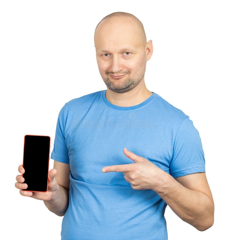 Bald Man Showing Mobile Phone Empty Screen Pointing Finger on Light ...