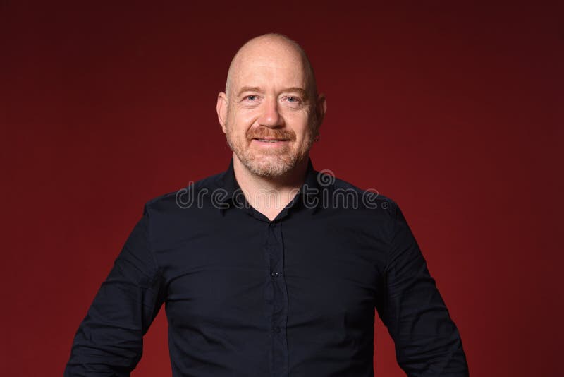 Bald Man Smiling on Red Background Stock Photo - Image of cheerful ...