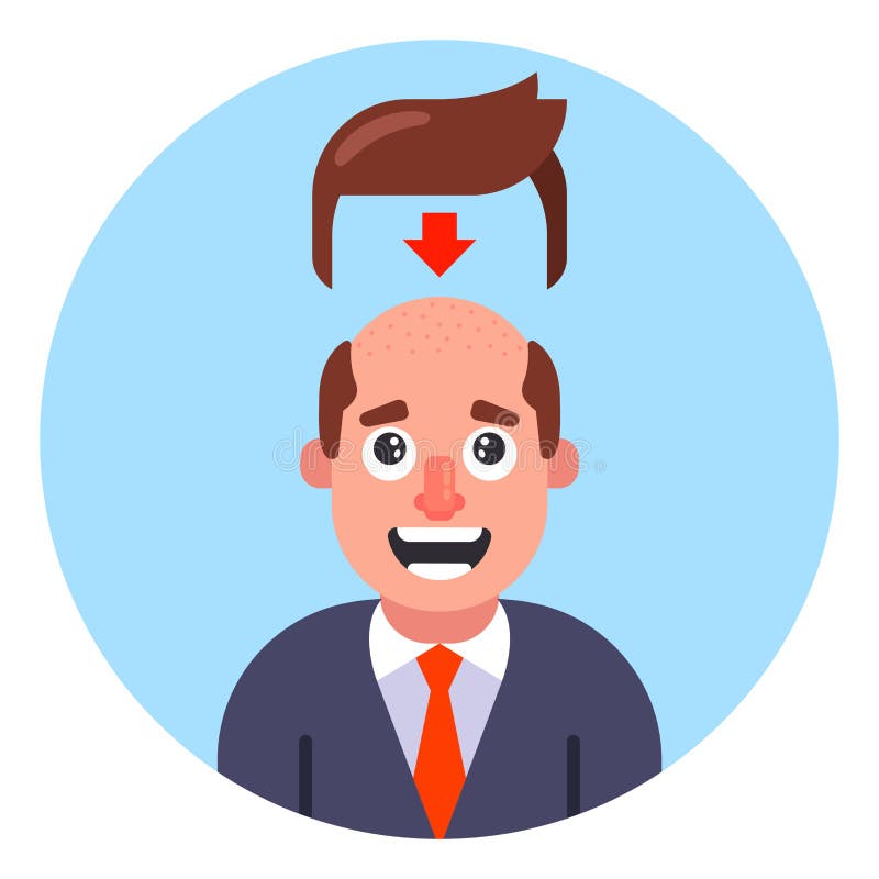 A Bald Man Tries on a Wig To Hide His Baldness. Stock Vector ...