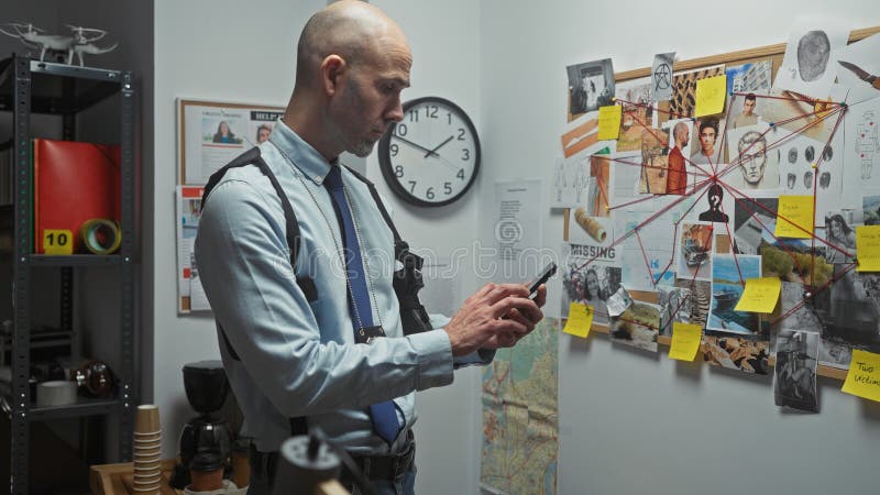 Bald Man Using Smartphone in Police Station with Evidence Board Stock ...