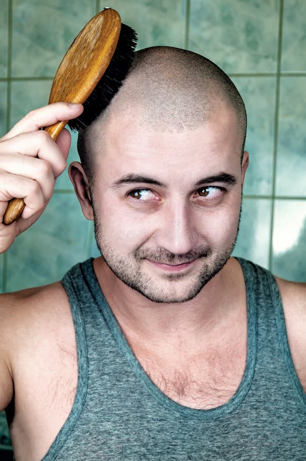 Crazy Bald Man with Black Comb Stock Image - Image of adult, funny ...
