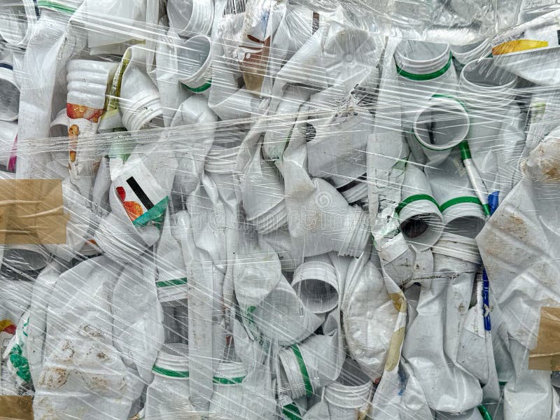 Compressed White Plastic Containers Wrapped for Recycling Stock Photo ...
