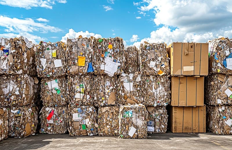 Baled Recyclable Cardboard Waste Stacked for Processing Under a Sunny ...