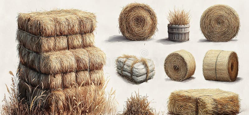 Bales of Hay Arranged in Various Styles Showcasing Agricultural ...