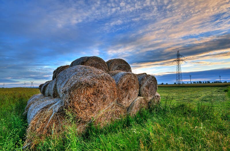 Bales of Hay in a Field at Sunset Stock Photo - Image of grass ...