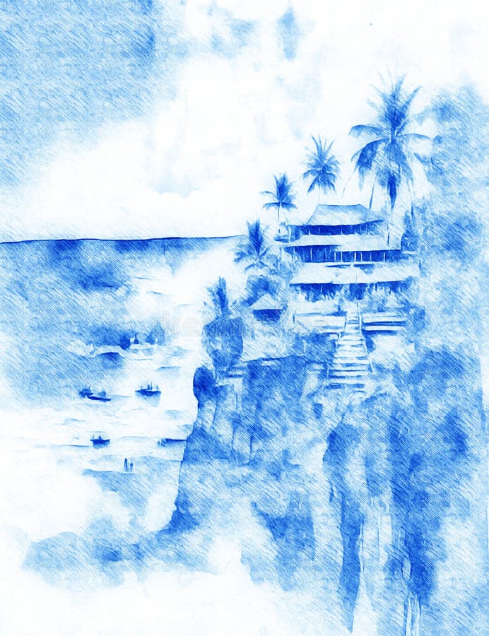 Bali Beach in Blue stock illustration. Illustration of holiday - 301220820