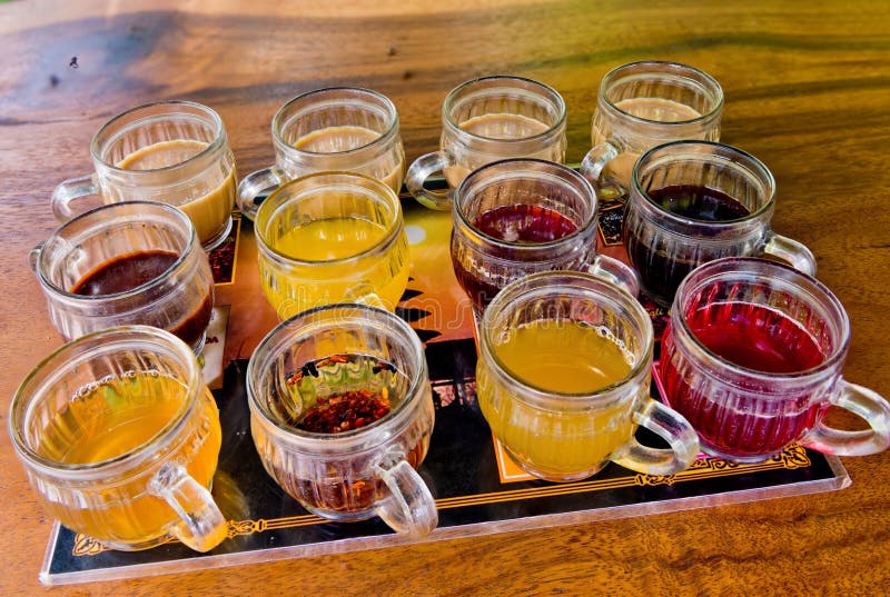 Bali Coffee, Luwak Coffee, Fruit and Herb Tea Testing Set. Stock Photo ...
