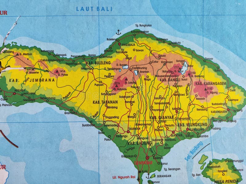Bali Island Map and Major Cities Around it on Physical Map Stock Image ...