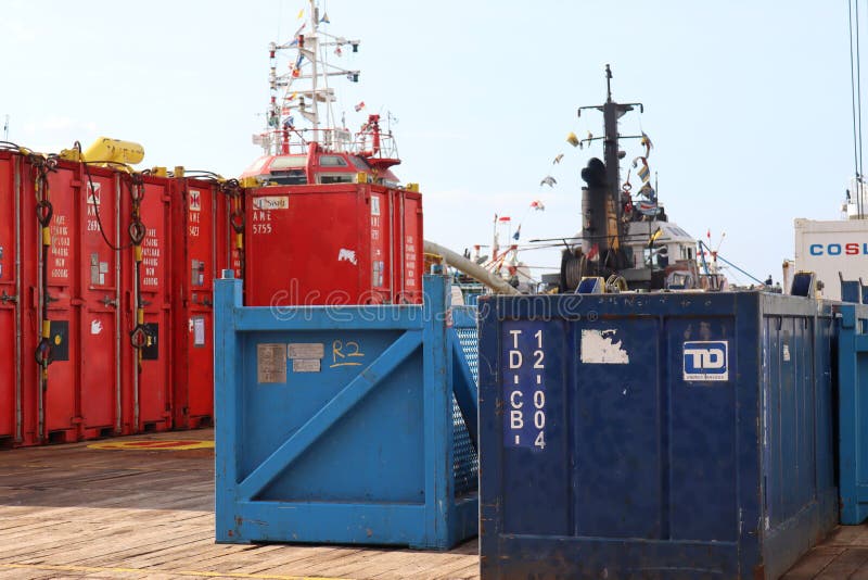 Bali, November 2022. Containers on the Maindeck of the Ship are Loaded ...