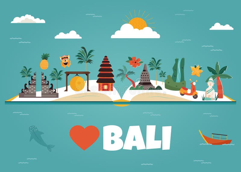 Bali Travel Banner with Famous Landmarks. Stock Vector - Illustration ...