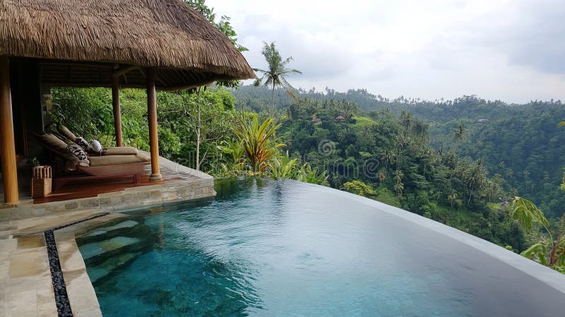 Bali Villa with Patio, Infinity Pool, Tropical Surroundings.. Stock ...