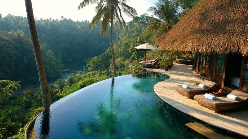 Bali Villa with Patio, Infinity Pool, Tropical Surroundings.. Stock ...