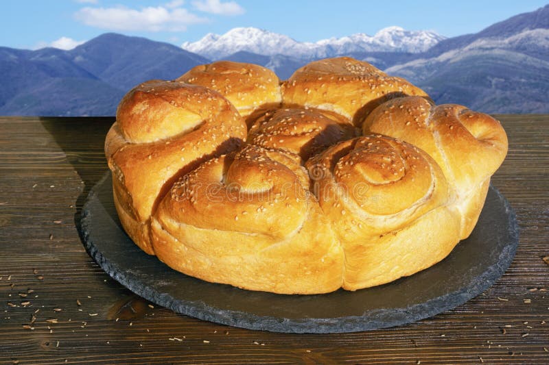 Pogaca , Traditional Balkan Bread, on Rustic Table on Sunny Winter Day ...