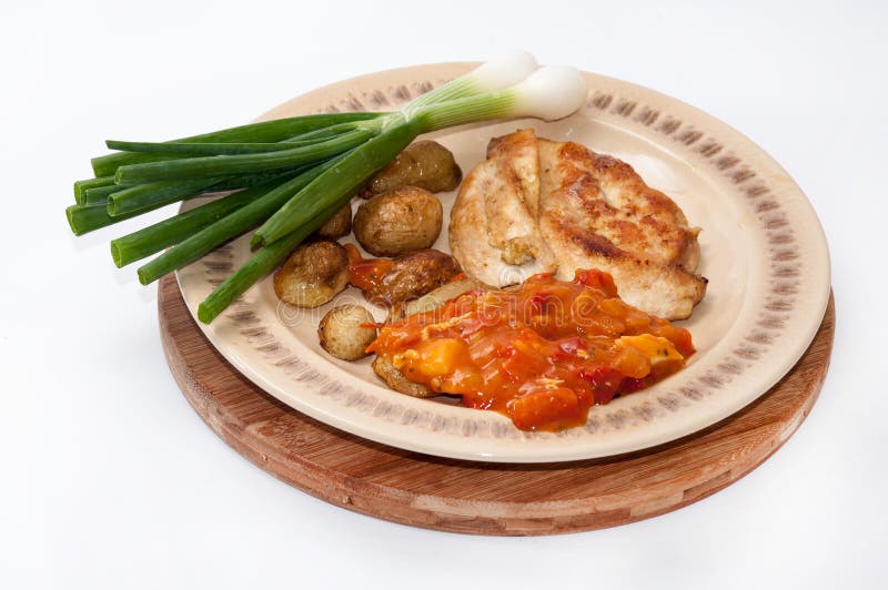 Balkan Tomato Stew with Fried Chicken and Pork Meat Stock Photo - Image ...