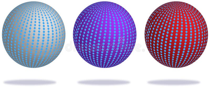 3 Balls (silver, Purple & Red) in Blue Dot Pattern Floating on White ...