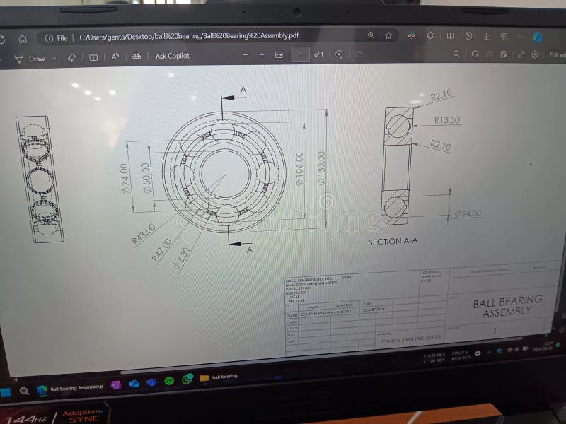 Ball Bearing Assembly Drawing on Laptop Screen, Technical Blueprint ...