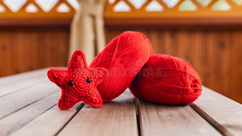 Ball of Bright Red Yarn and Two Cute Crocheted Items a Starfish. Stock ...