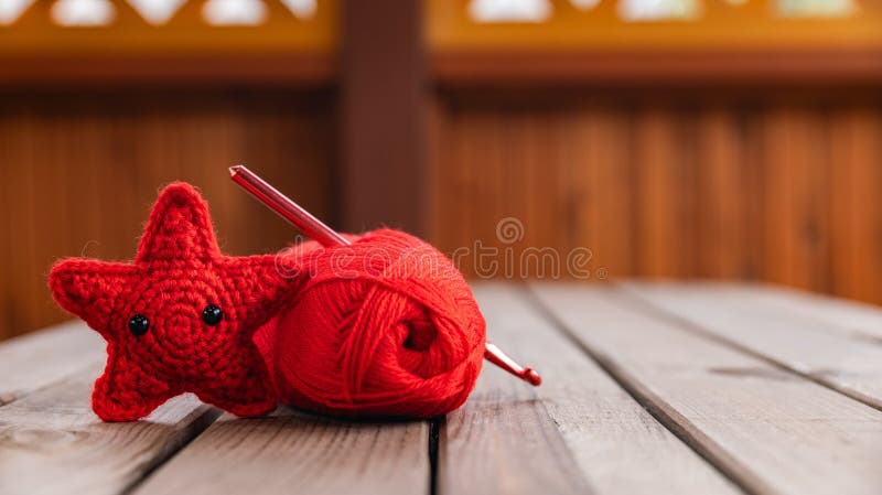 Ball of Bright Red Yarn and Two Cute Crocheted Items a Starfish. Stock ...