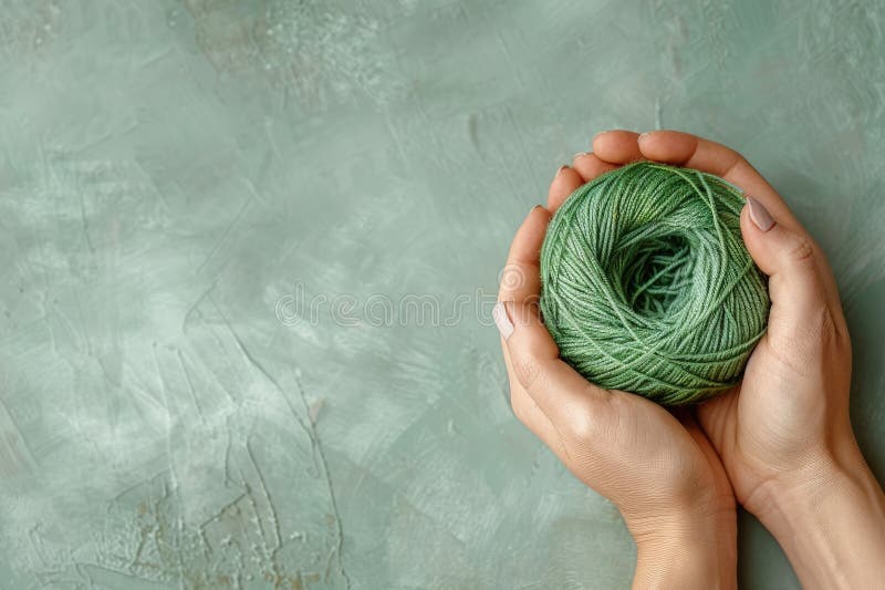A Ball of Green Threads. Top View of Female Hands Holding Ball of Green ...