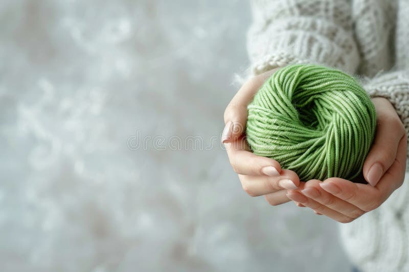 A Ball of Green Threads. Top View of Female Hands Holding Ball of Green ...