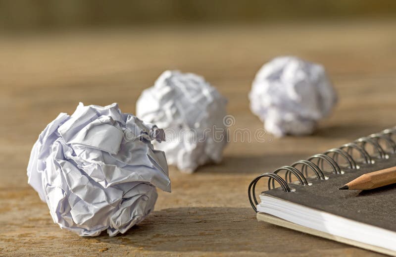 Ball Paper with Notebook on Wooden Table. Stock Image - Image of ...