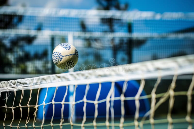 Ball Passing Over the Net with Focused Court Lines in Foreground Stock ...