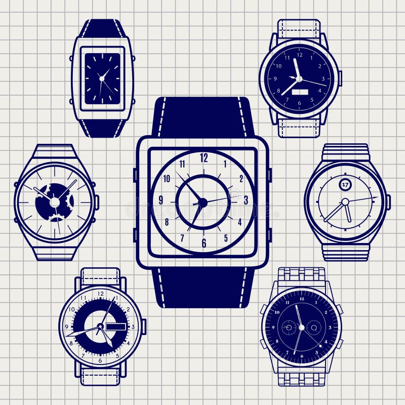 Ball pen watch icons set stock vector. Illustration of hour - 77995207