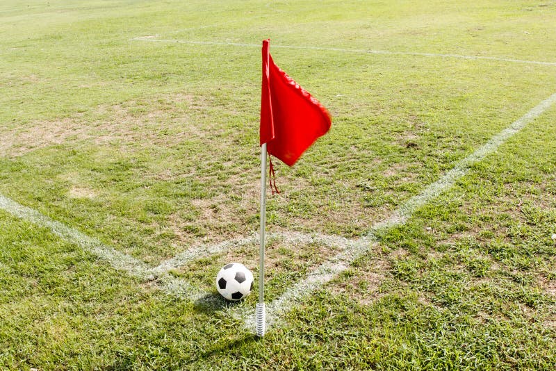 Ball and Red Flag in Corner of Soccer Field Stock Photo - Image of ...