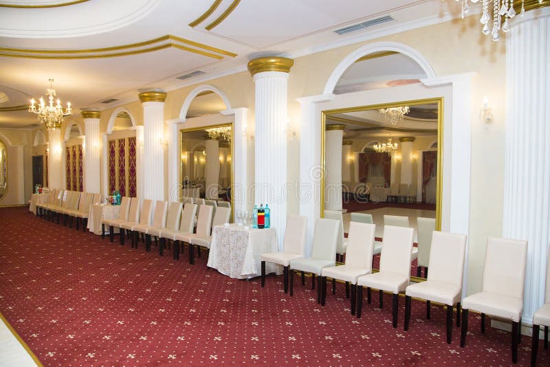 Empty Ballroom, with Several Round Tables Stock Image - Image of brown ...