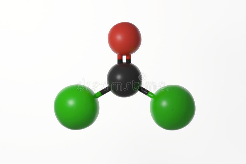 Ball and Stick Model of Phosgene Molecule Against a White Background ...