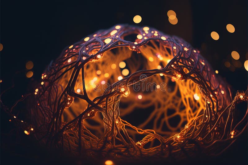 A Ball of String Lights with a Black Background and a Blurry Image of a ...