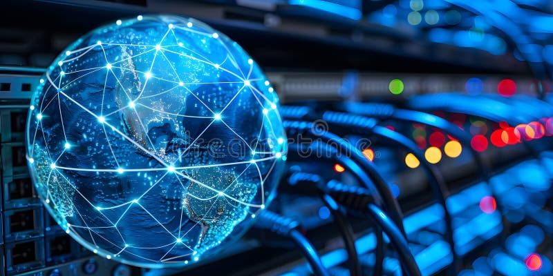 A Ball of Electric Blue Wires Surrounds a Globe in a Server Room Stock ...