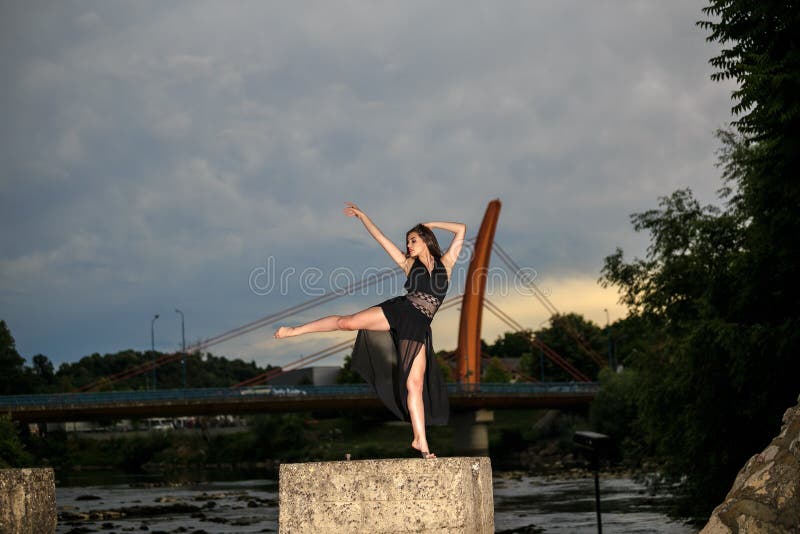 Ballerina Dances on the Bridge Stock Image - Image of exercise, ballet ...