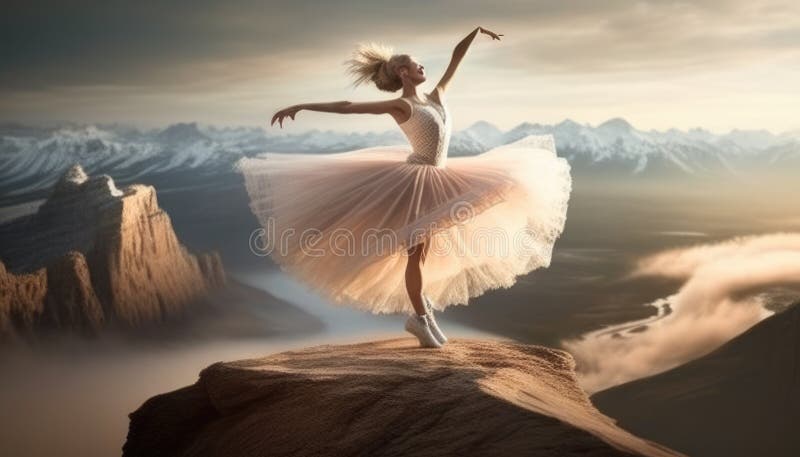 A Ballerina is Dancing on a Cliff with a Beautiful Mountain Landscape ...