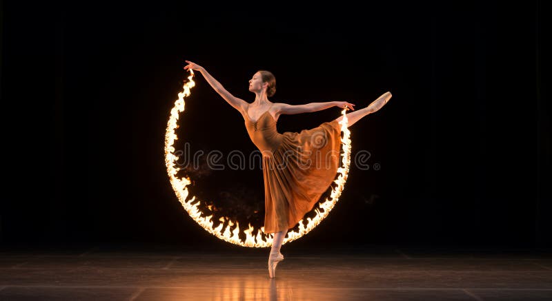 Ballerina Dancing with Fire on Stage Performance Art and Grace Stock ...
