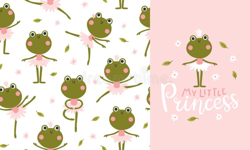 Ballerina Frogs Set Seamless Pattern and Print. Vector Illustration of ...