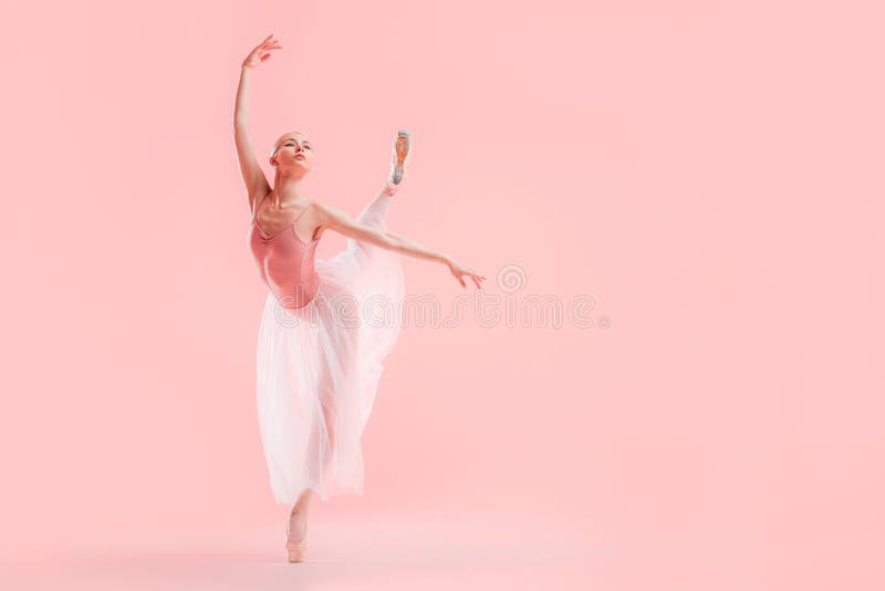 Ballerina in Pink Leotard Dancing on Pink Background Stock Image - Image of female, creativity ...