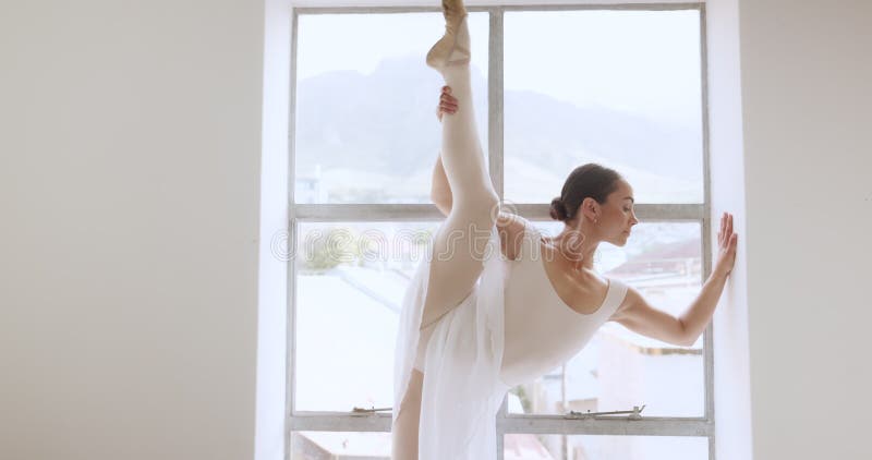 Ballerina, Training for Performance and Stretching before Show in Studio Doing Workout Warm Up ...