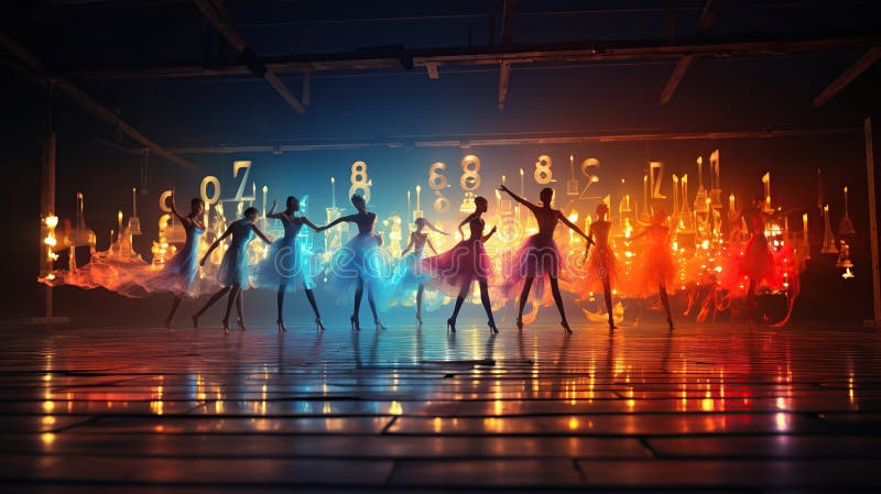 Ballerinas Dancing in a Dramatic Stage Setting Stock Illustration ...