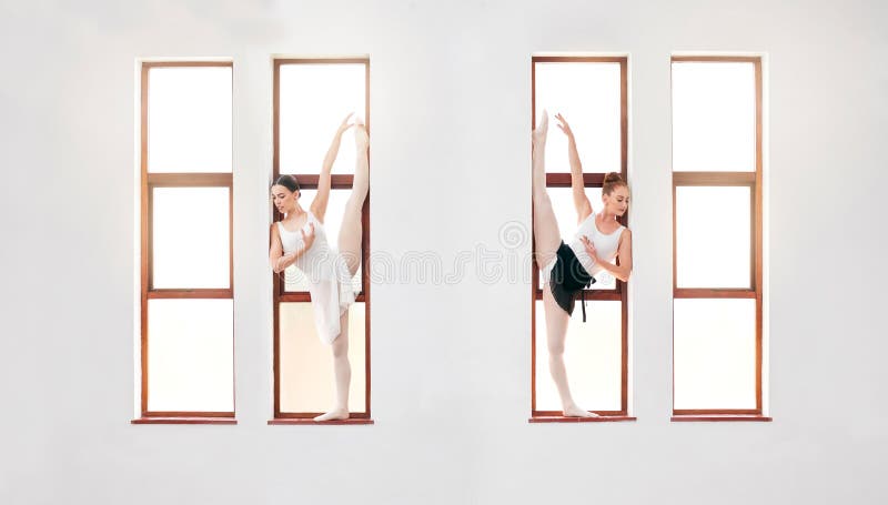 Ballet, Art and Dancers Dancing on the Window at the Dance Academy in a ...