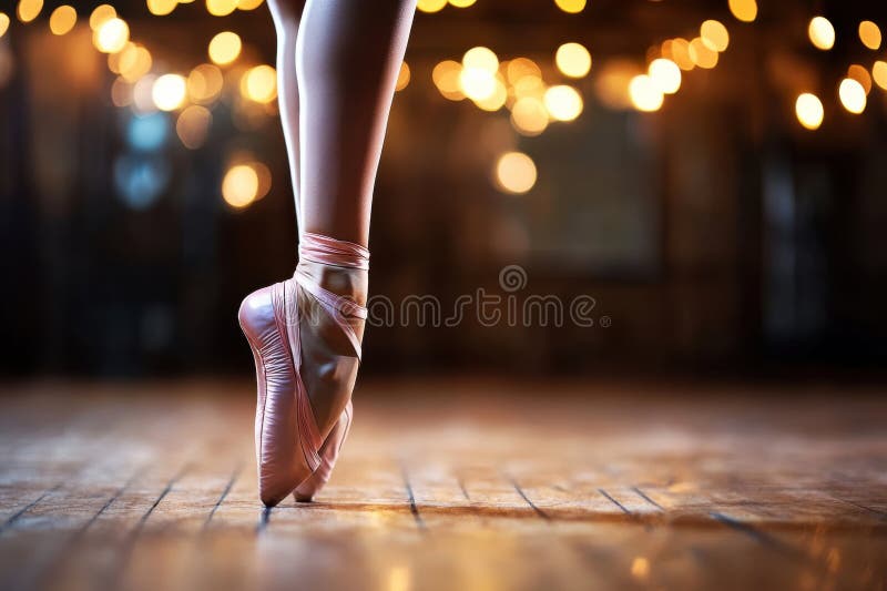 Ballet Dancer Gracefully Poised En Pointe on a Wooden Stage with Soft ...
