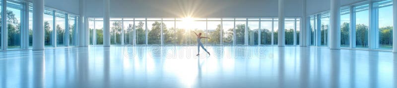 Ballet Dancer in an Empty Studio Surrounded by Sunlight and Glass Walls ...