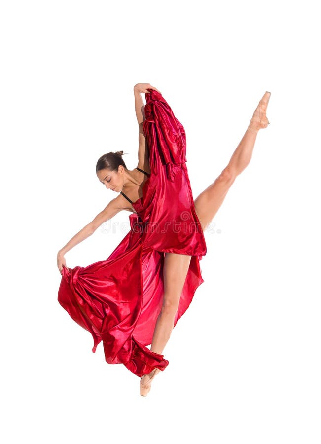 Woman Dancing with Red Flying Waving Chiffon Cloth Stock Image - Image ...