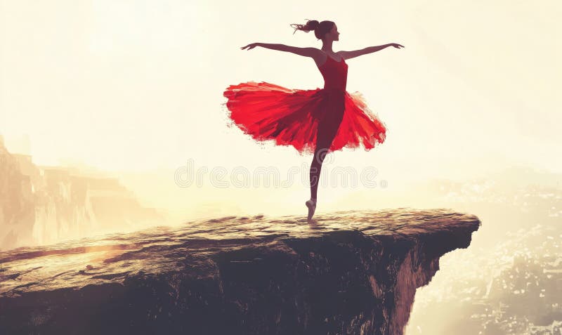 Ballet Dancer in Red Tutu Performing on Cliff Edge at Sunset ...