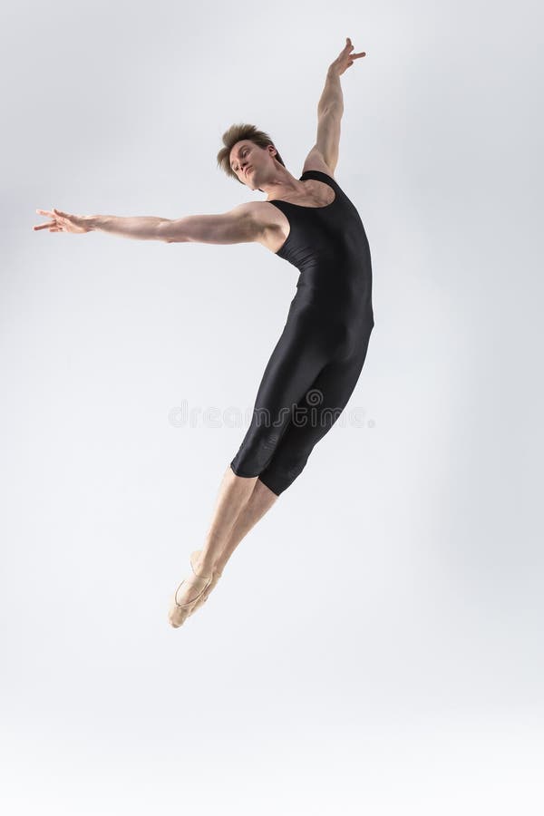 Ballet Dancer Young Man in Black Dance Suit Posing in Flying Ballanced ...